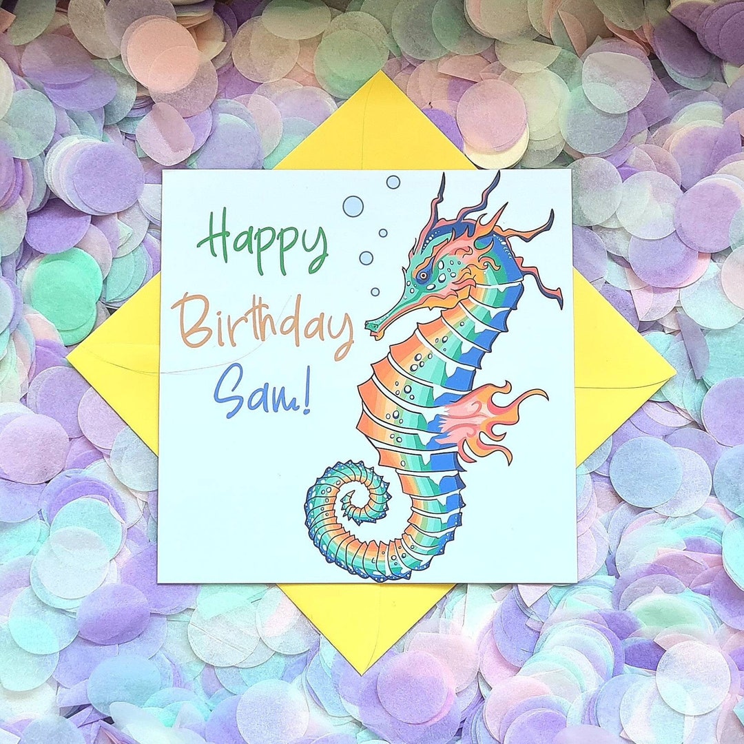Colourful and Fun Hand Illustrated Personalised Multicoloured Seahorse ...