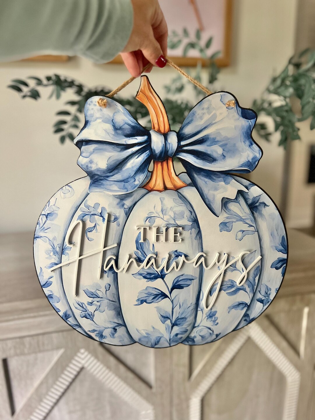 Fall Door Sign | Chinoiserie Pumpkin Sign | Personalized Name Sign ...