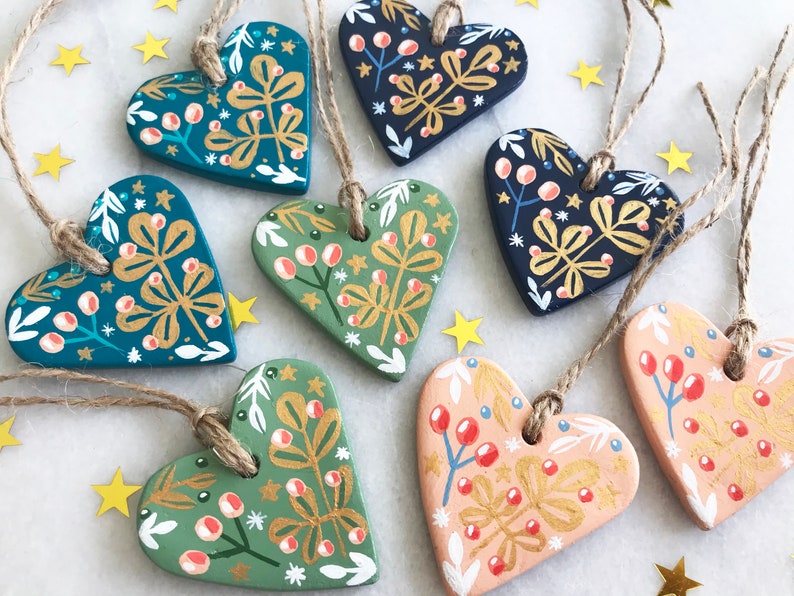 Pair of Hand Painted Heart Shaped Christmas Tree Decorations - Etsy