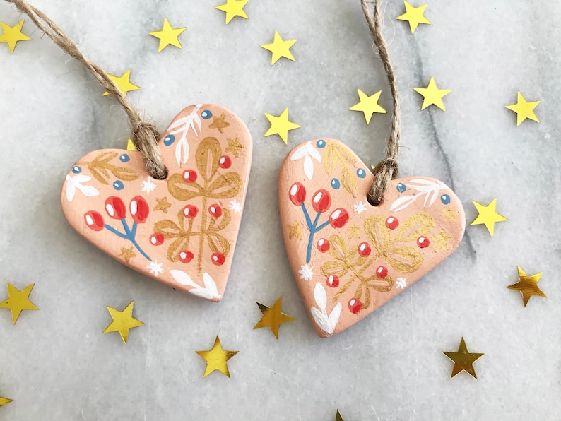 Pair of Hand Painted Heart Shaped Christmas Tree Decorations - Etsy