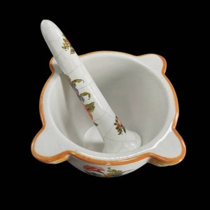 French Heavy Vintage Ceramic Mortar and Pestle, Bright Floral Transferware and Medieval Heads or ...