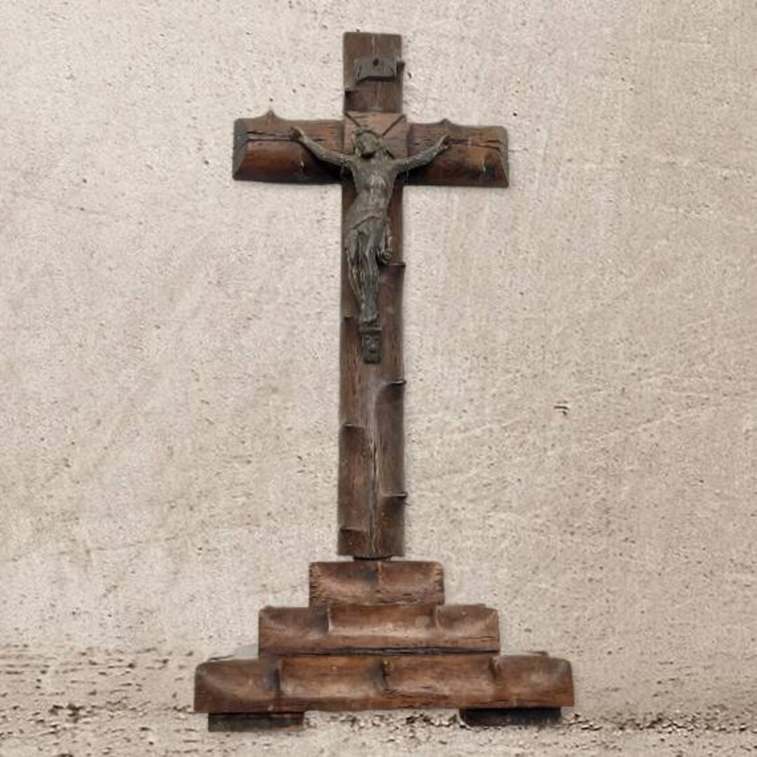 Vintage French Crucifix on Wooden Stand. Free Standing Crucifix. Metal ...