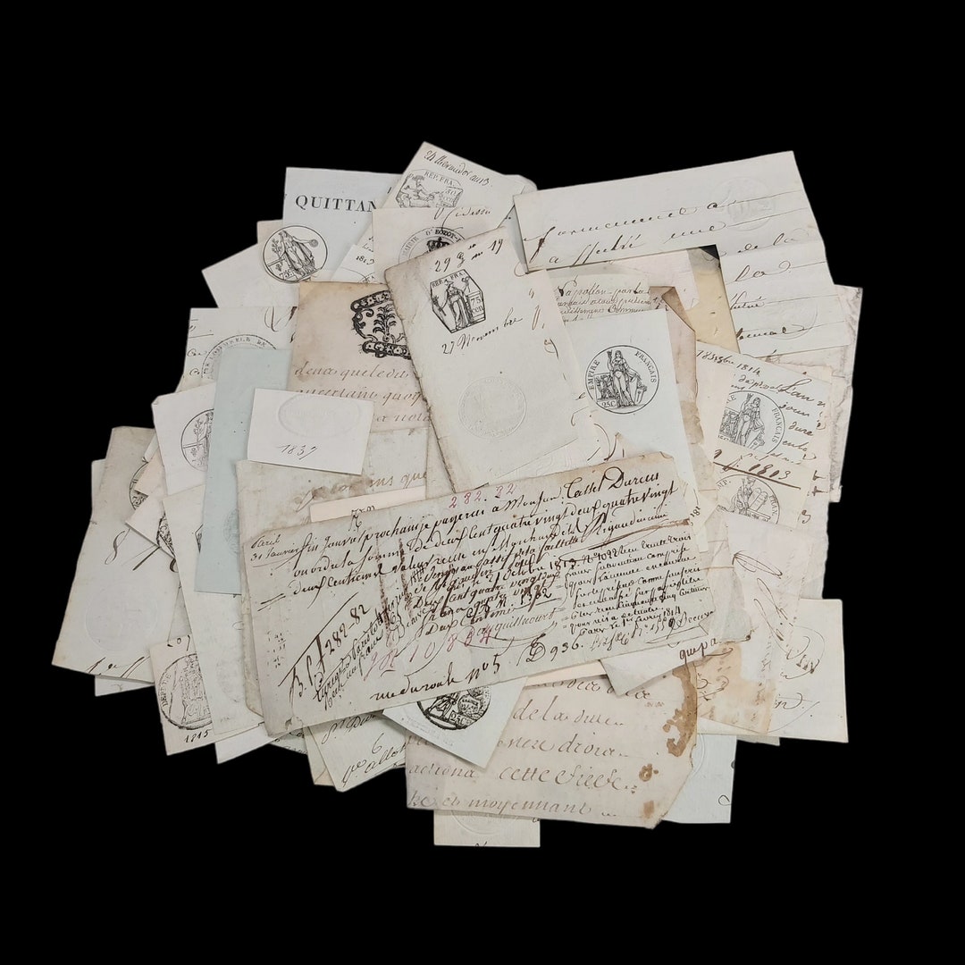 Set of French Antique Stamps, Seals and Pages of Old French Legal ...