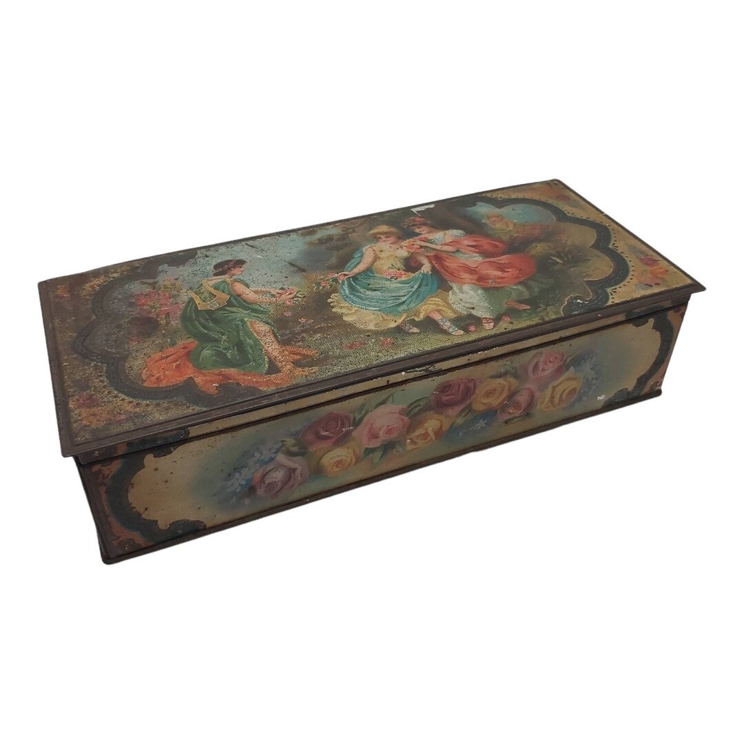 Vintage French Lovers Hinged TIN Art Nouveau Style Box, Cupid, Lovers ...