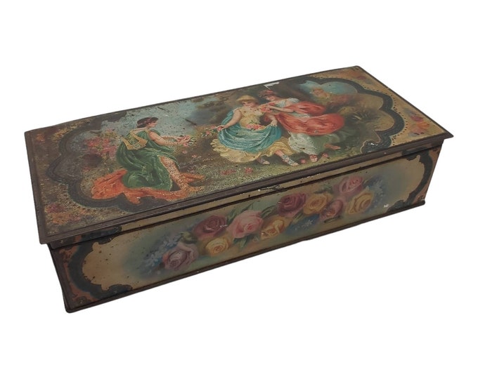 Vintage French Lovers Hinged TIN Art Nouveau Style Box, Cupid, Lovers ...