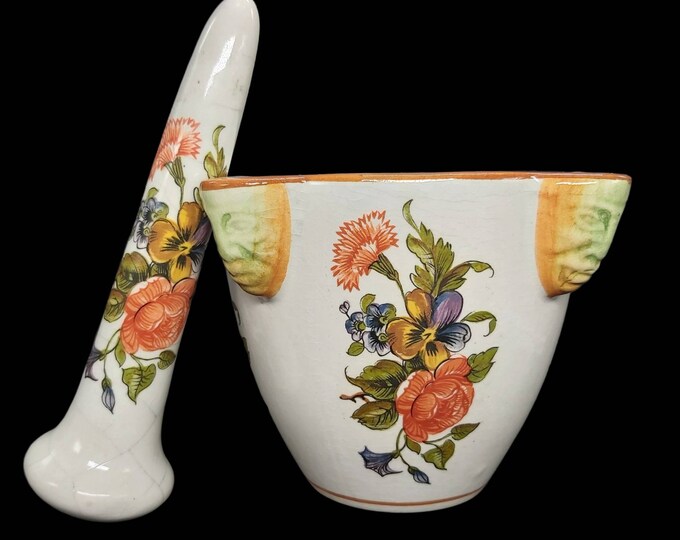 French Heavy Vintage Ceramic Mortar and Pestle, Bright Floral Transferware and Medieval Heads or ...