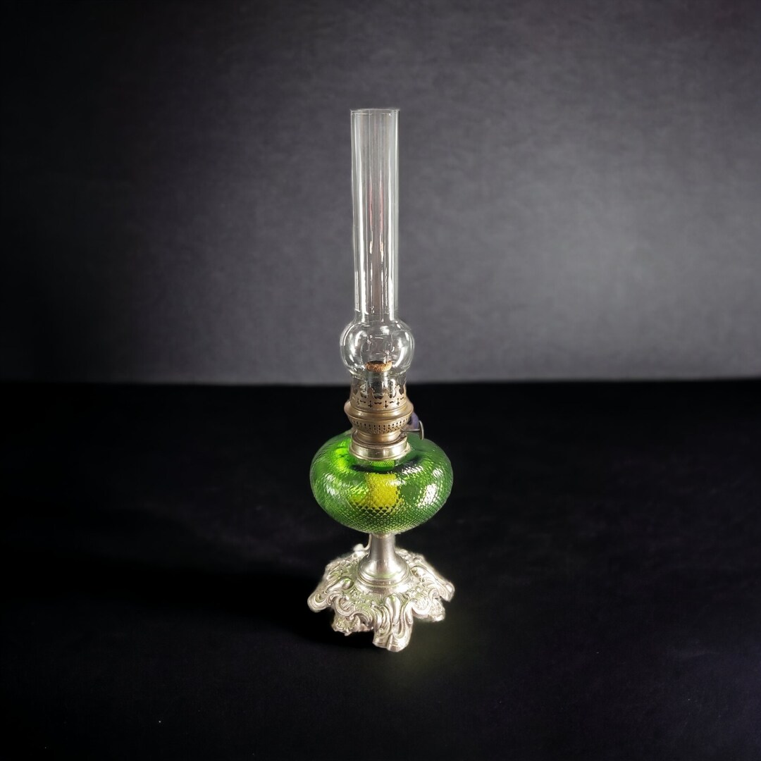 Antique French Green Glass and Faux Silver Depose Oil Hurricane Lamp ...