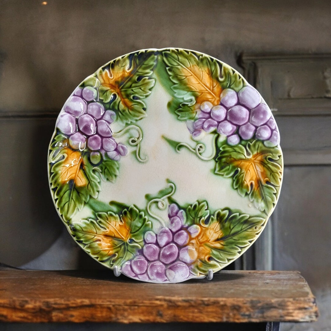Antique Timeworn French Majolica Barbotine Plates | Grapes and Vine ...