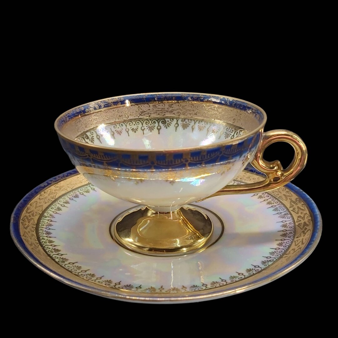 Small Antique German Lusterware Pedestal Cup and Saucer, Fine Porcelain ...