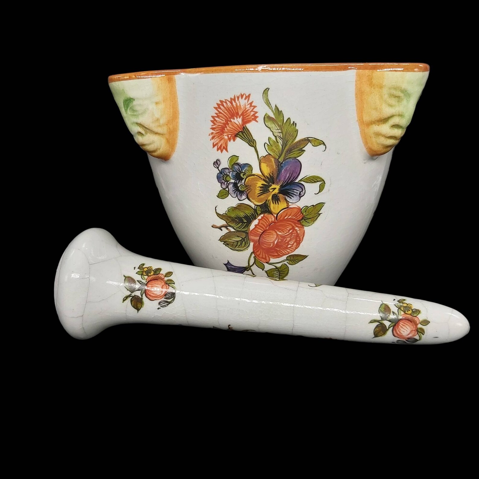 French Heavy Vintage Ceramic Mortar and Pestle Bright Floral - Etsy