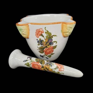 French Heavy Vintage Ceramic Mortar and Pestle, Bright Floral Transferware and Medieval Heads or ...
