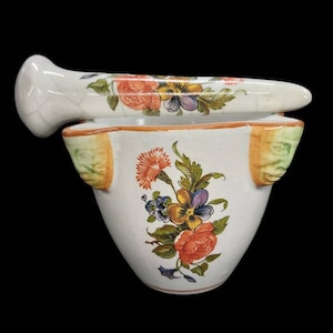 French Heavy Vintage Ceramic Mortar and Pestle, Bright Floral Transferware and Medieval Heads or ...