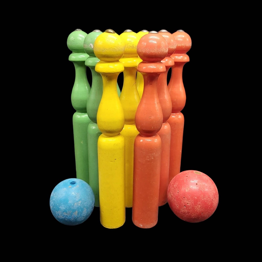 9 Vintage French Wooden Skittles and 2 Bowling Balls, 1940's Toy ...