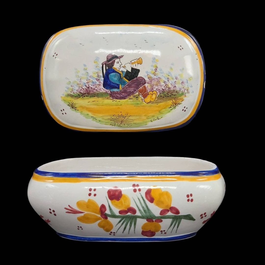 Antique French Country Handmade Henroit Quimper Dish With Lid, Kitchen ...