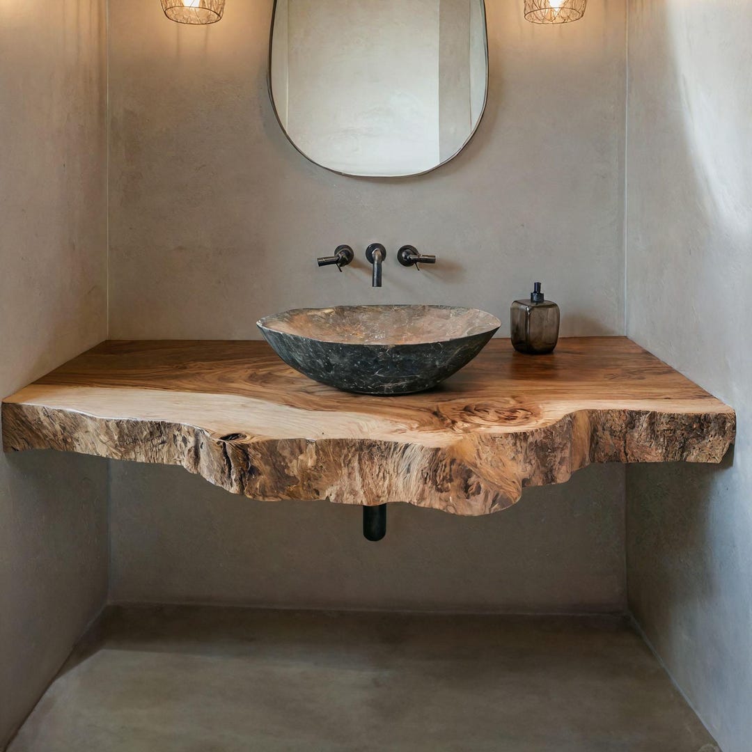Rustic Floating Vanity Desk Handcrafted Live Edge Bathroom Vanity Shelf ...