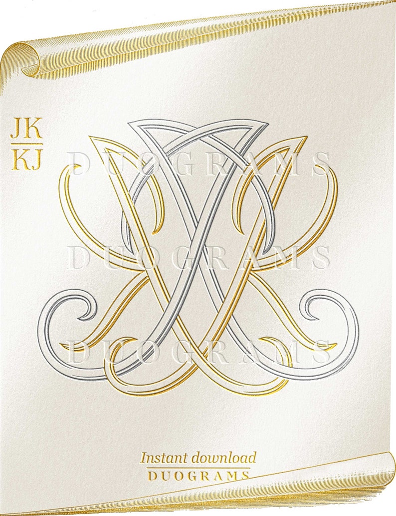 Two Letter Wedding Monogram Logo JK or KJ Duogram J K Intertwined ...