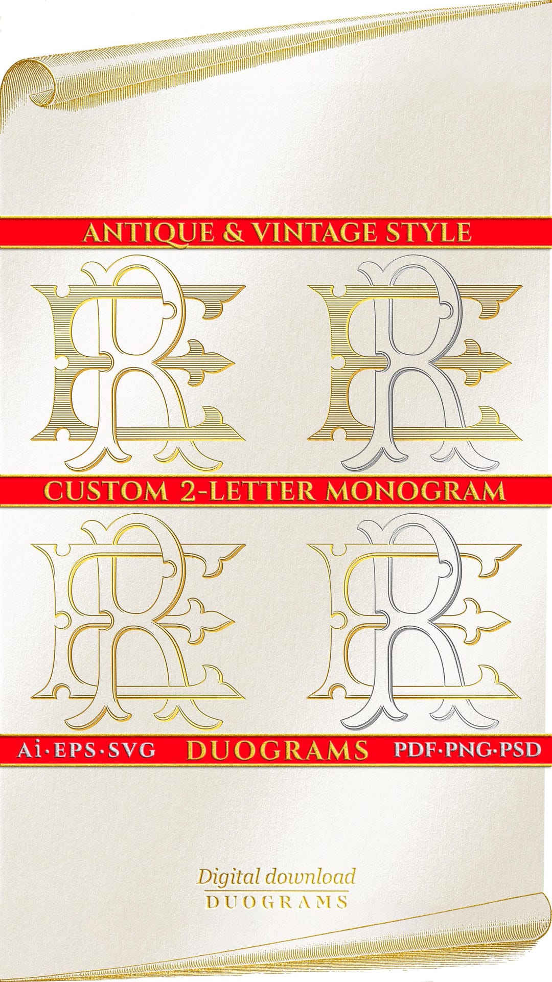 Custom Interlocking 2-letter Monogram, Personalized Vintage Monogram ...