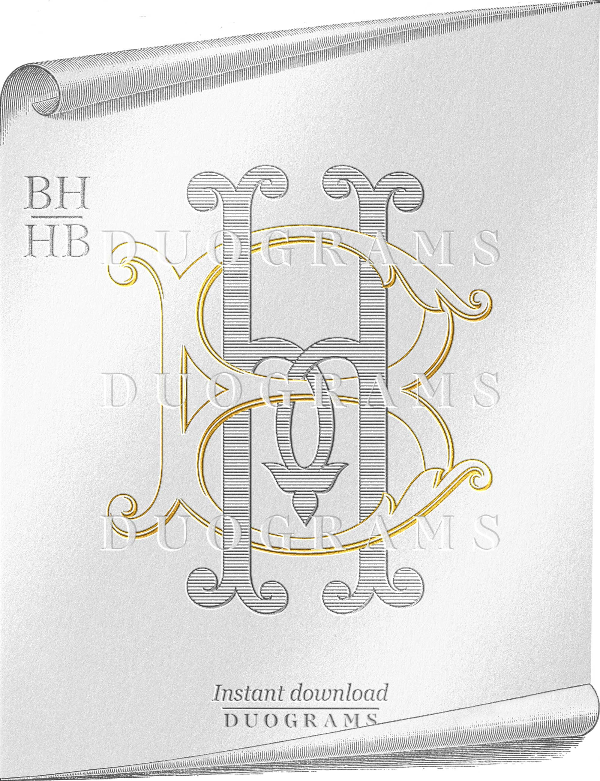 Vintage Wedding Monogram Logo BH or HB Two Letter Monogram Design B H ...