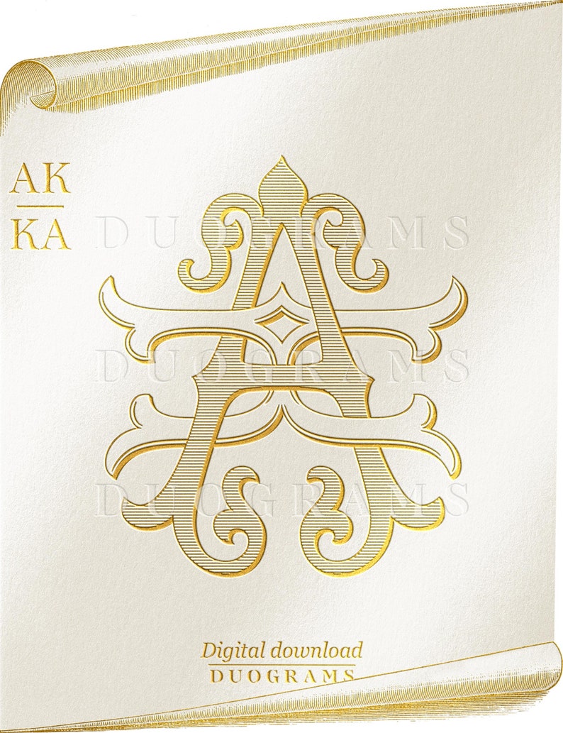 Vintage Wedding Monogram Logo AK KA Duogram A K Intertwined Monogram ...