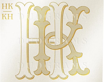 Vintage Wedding Monogram Logo HK KH Duogram H K Intertwined - Etsy