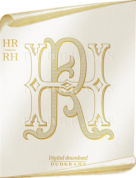 Vintage Wedding Monogram Logo HR RH Duogram H R Intertwined - Etsy