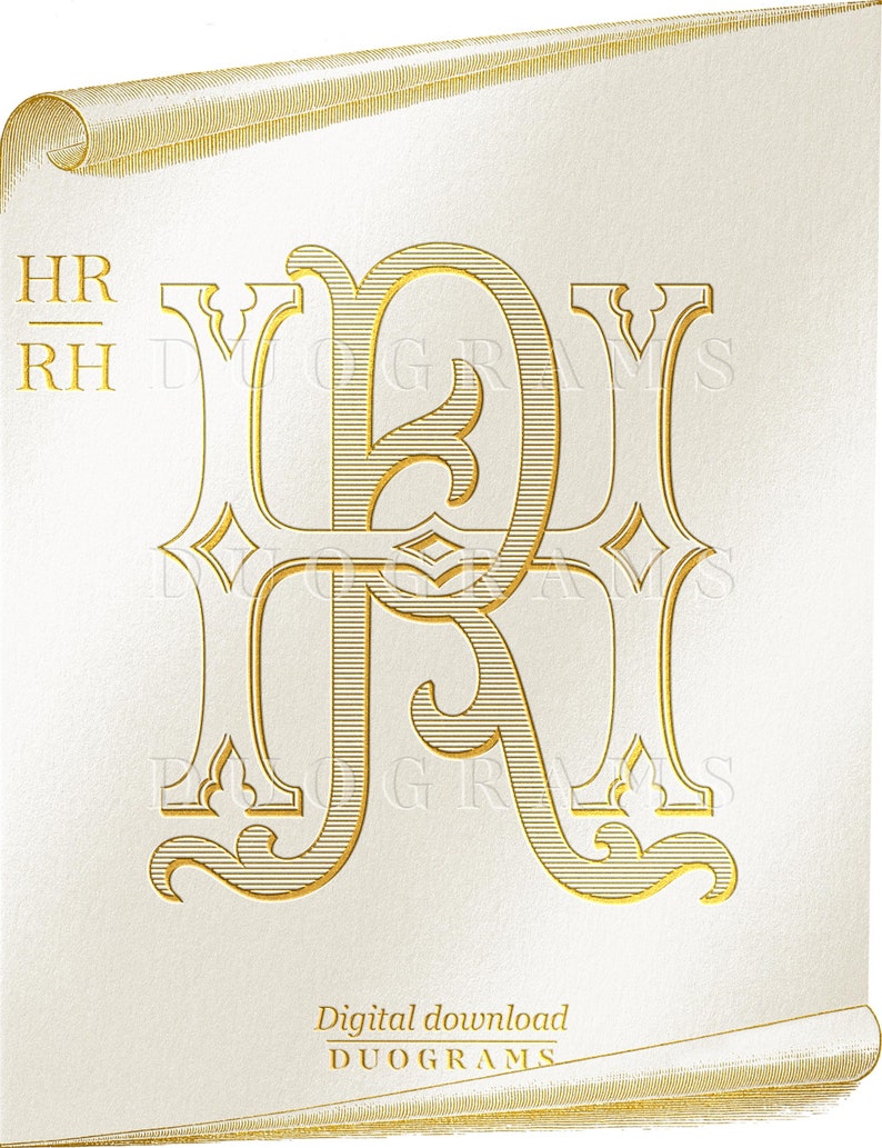 Vintage Wedding Monogram Logo HR RH Duogram H R Intertwined Monogram ...