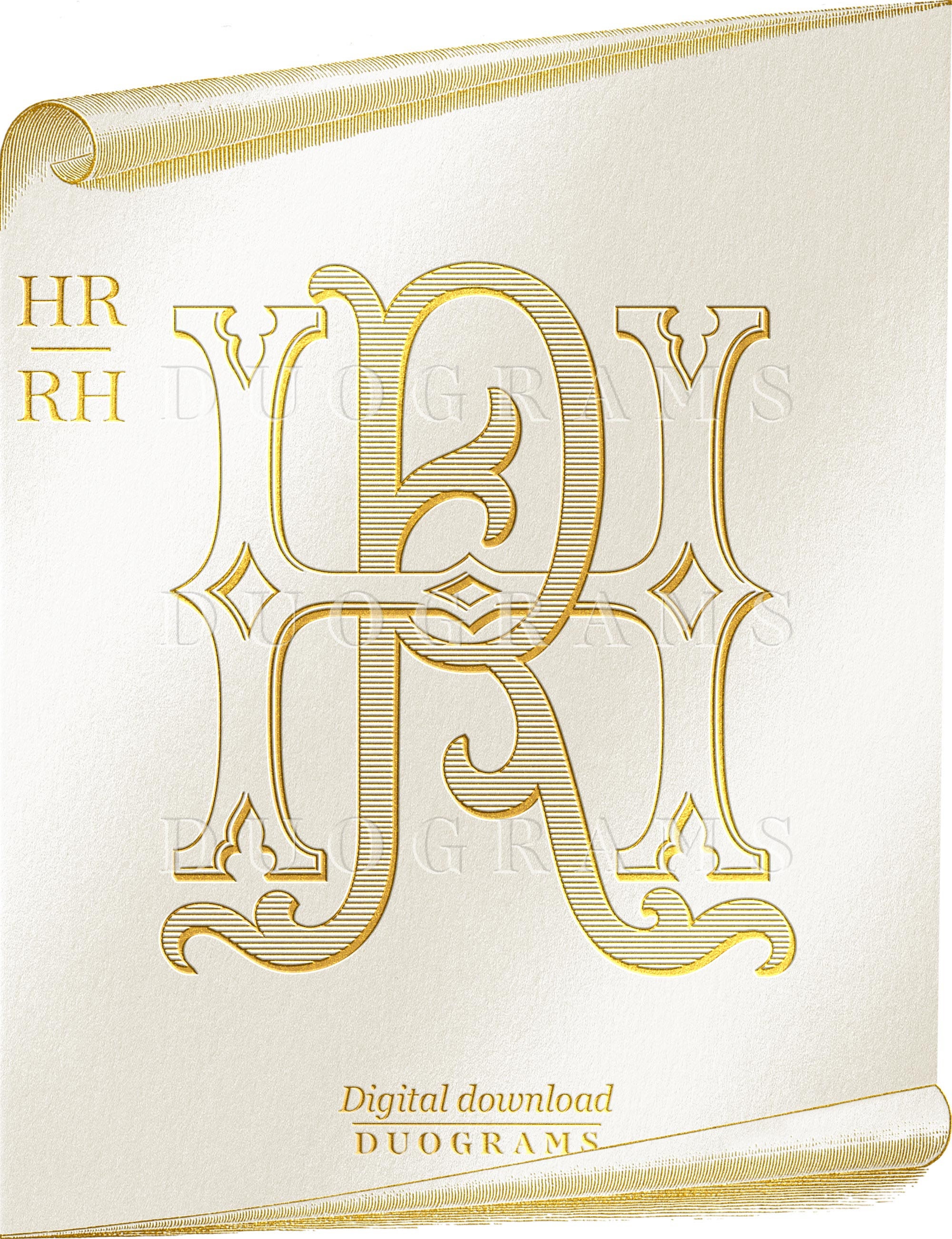 Vintage Wedding Monogram Logo HR RH Duogram H R Intertwined Monogram ...