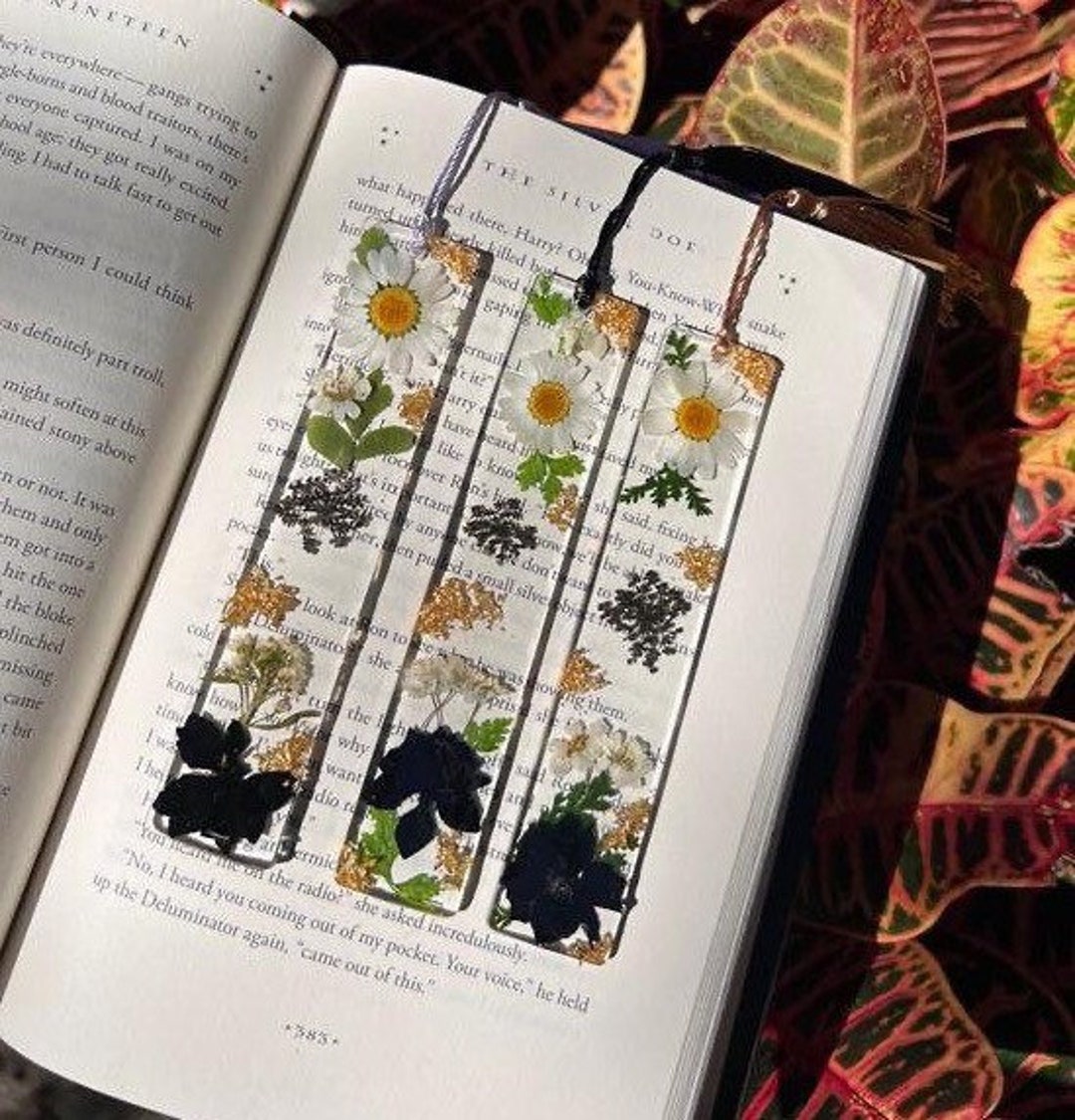 Black Accented NEW Handmade Pressed Unique Floral & Glitter Bookmarks ...