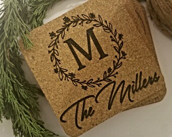 Initial Coasters Initial With Last Name Cork Coaster Set - Etsy
