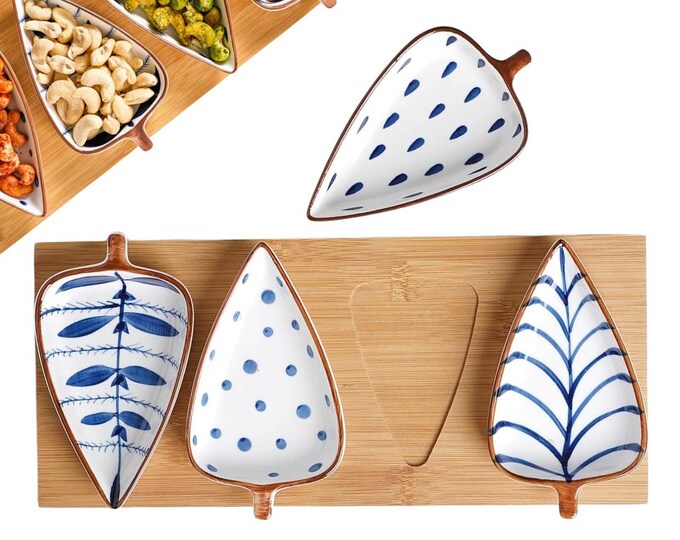 Hand-painted Ceramic Appetizer Set: Bamboo Tray With Leaf Bowls - Etsy
