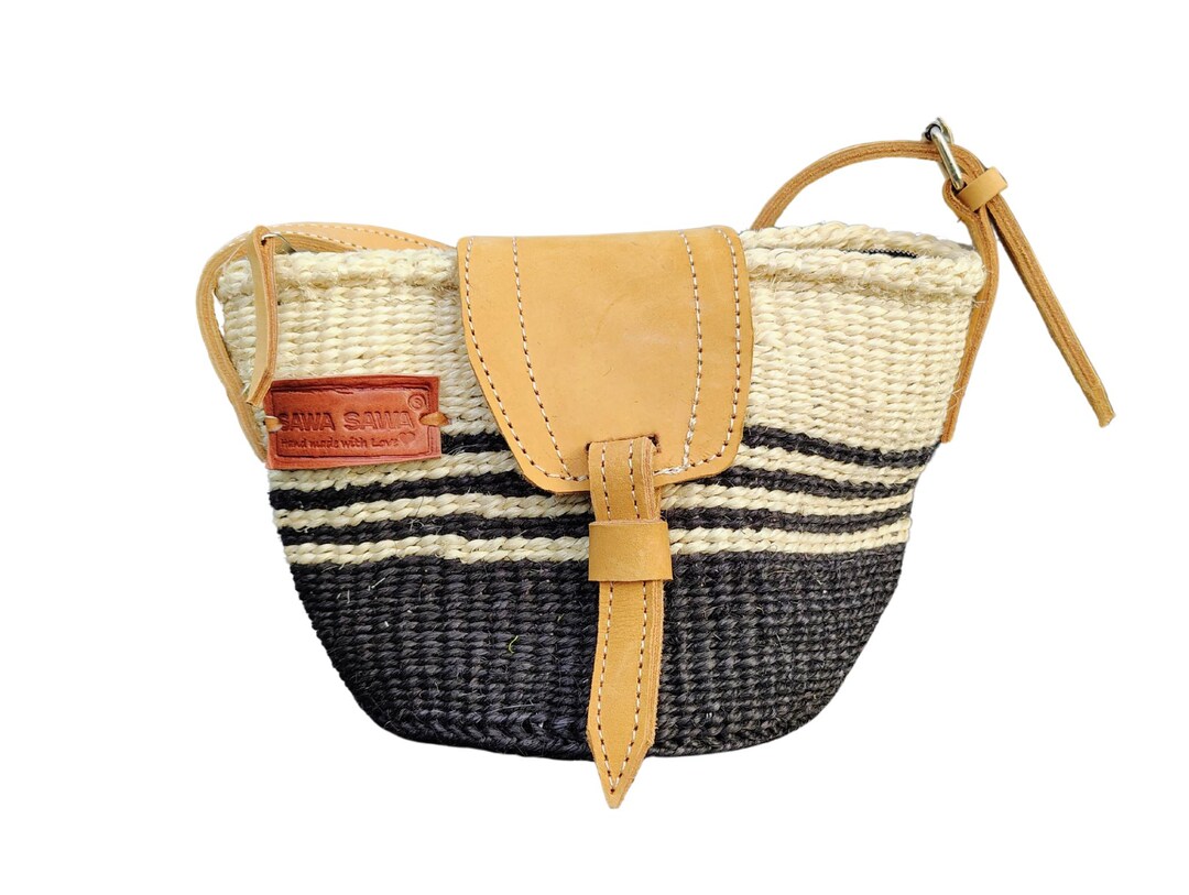 Handmade Sisal Kiondo Crossbody Bag: Black & White Sustainable Shoulder ...