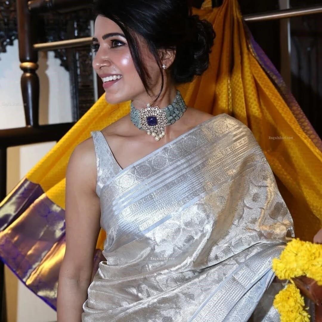Samantha Inspired Banarasi Jaal Saree | Soft Tissue Silk With Silver ...