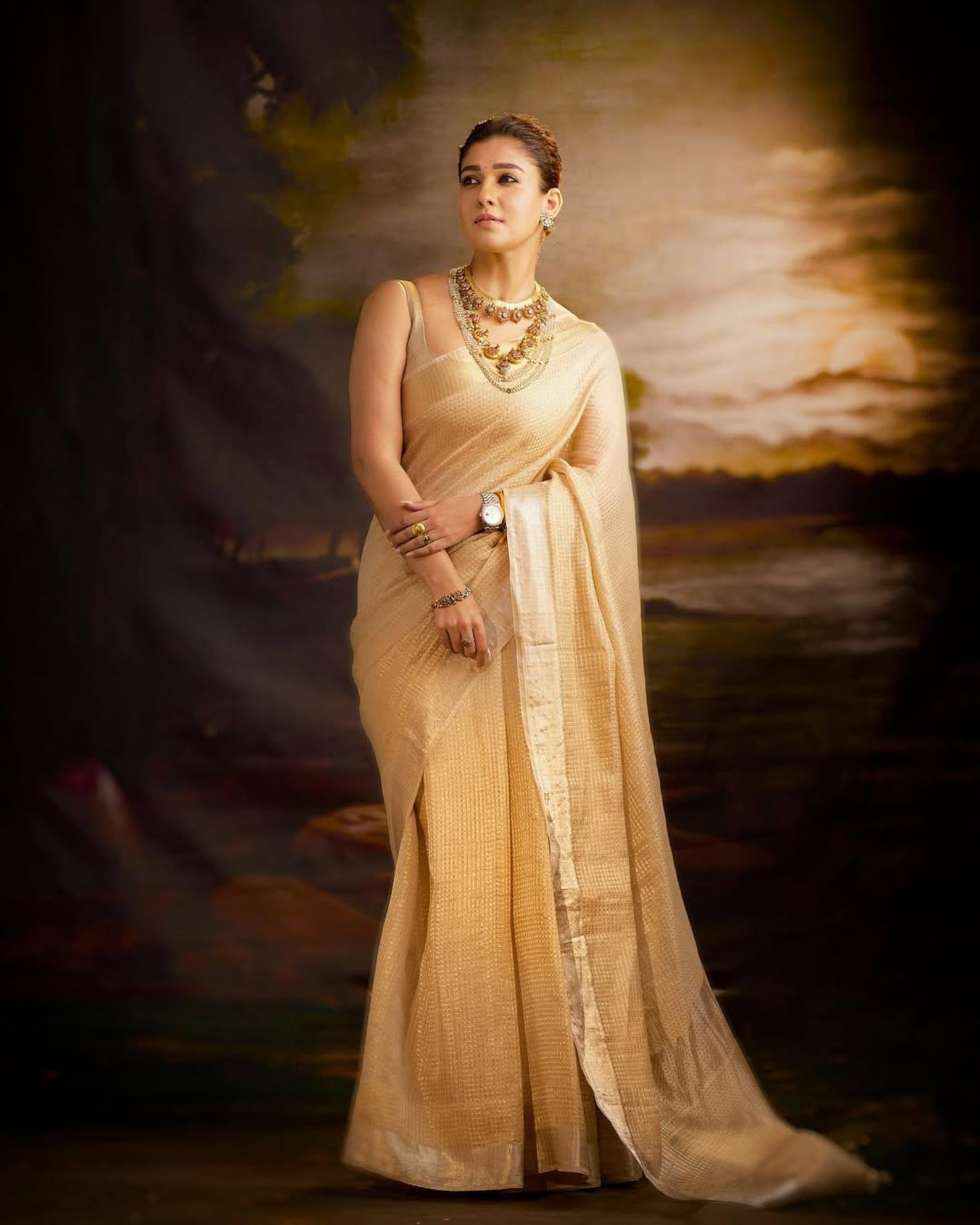 Nayanthara Inspired Banarasi Tissue Silk Saree | Golden Border ...
