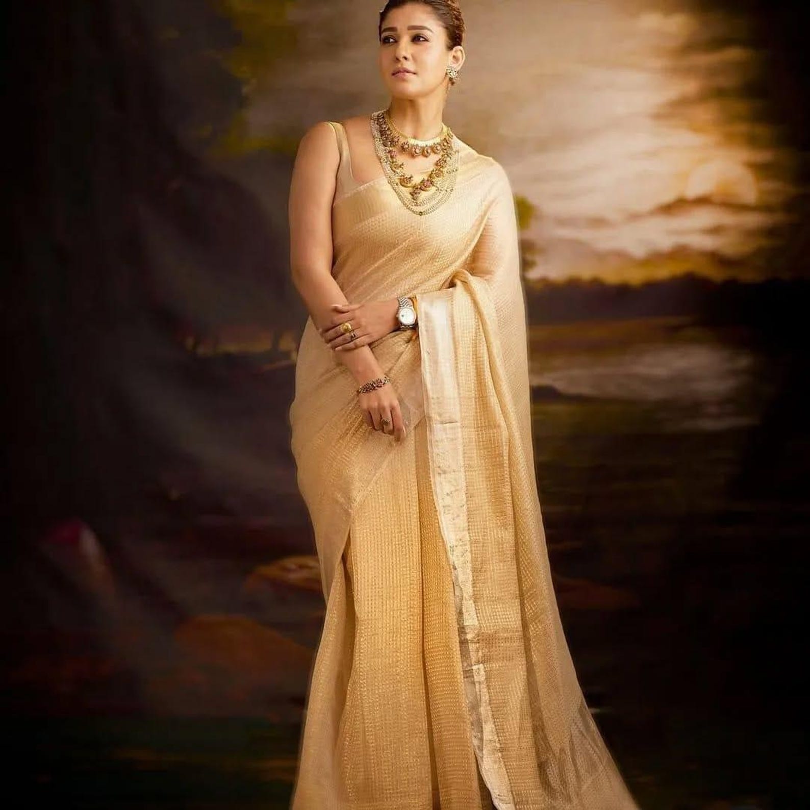 Nayanthara Inspired Banarasi Tissue Silk Saree | Golden Border Soft ...