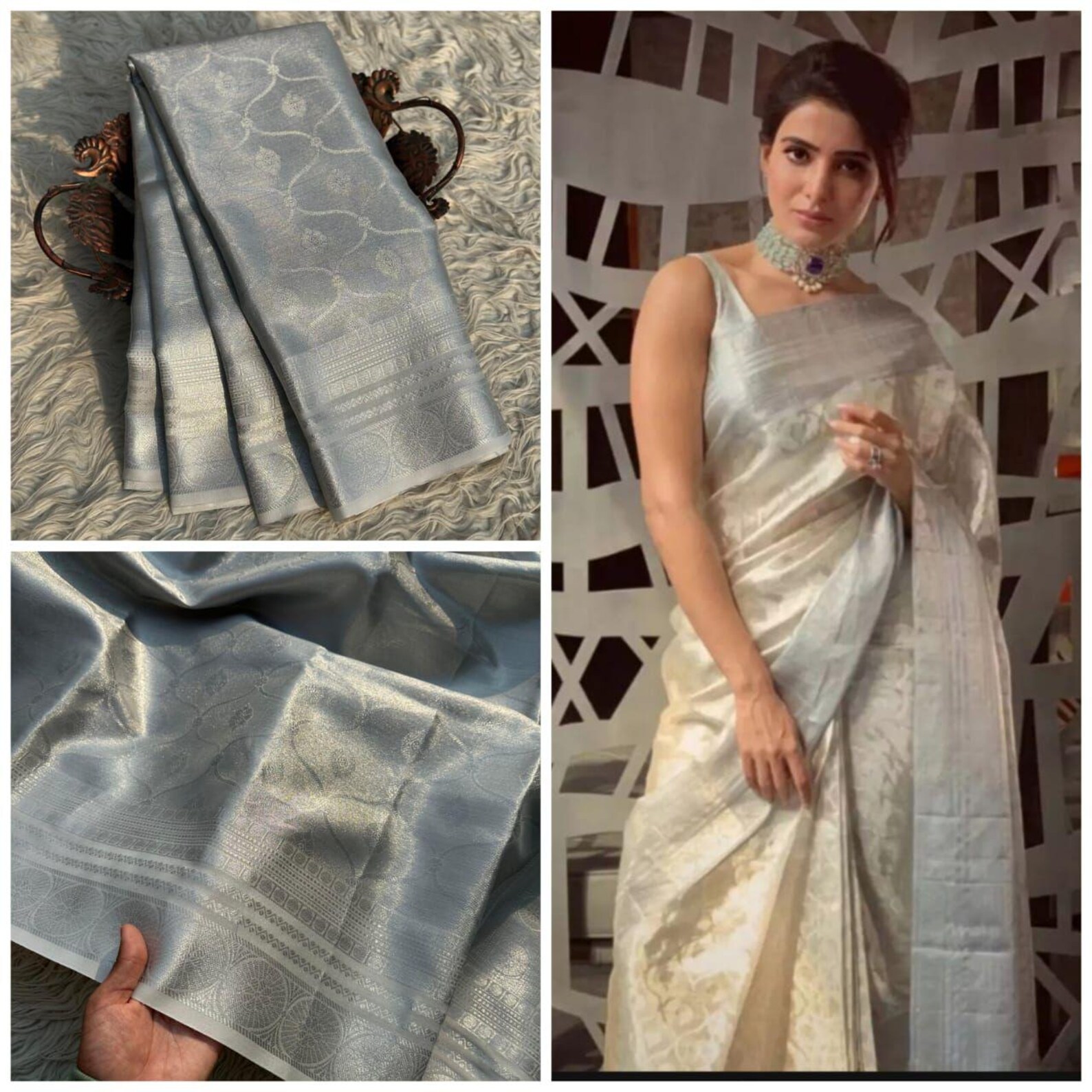Samantha Inspired Banarasi Jaal Saree | Soft Tissue Silk With Silver ...