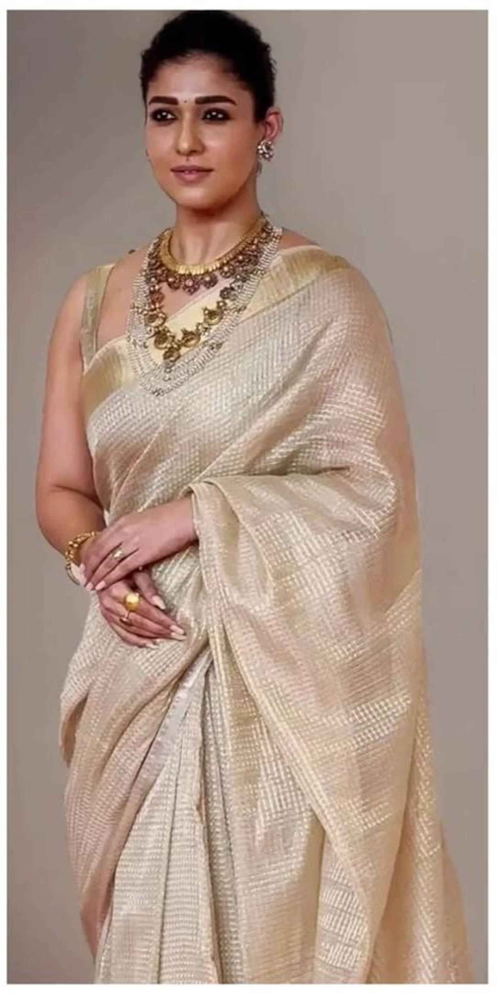 Nayanthara Inspired Banarasi Tissue Silk Saree With Golden Border ...