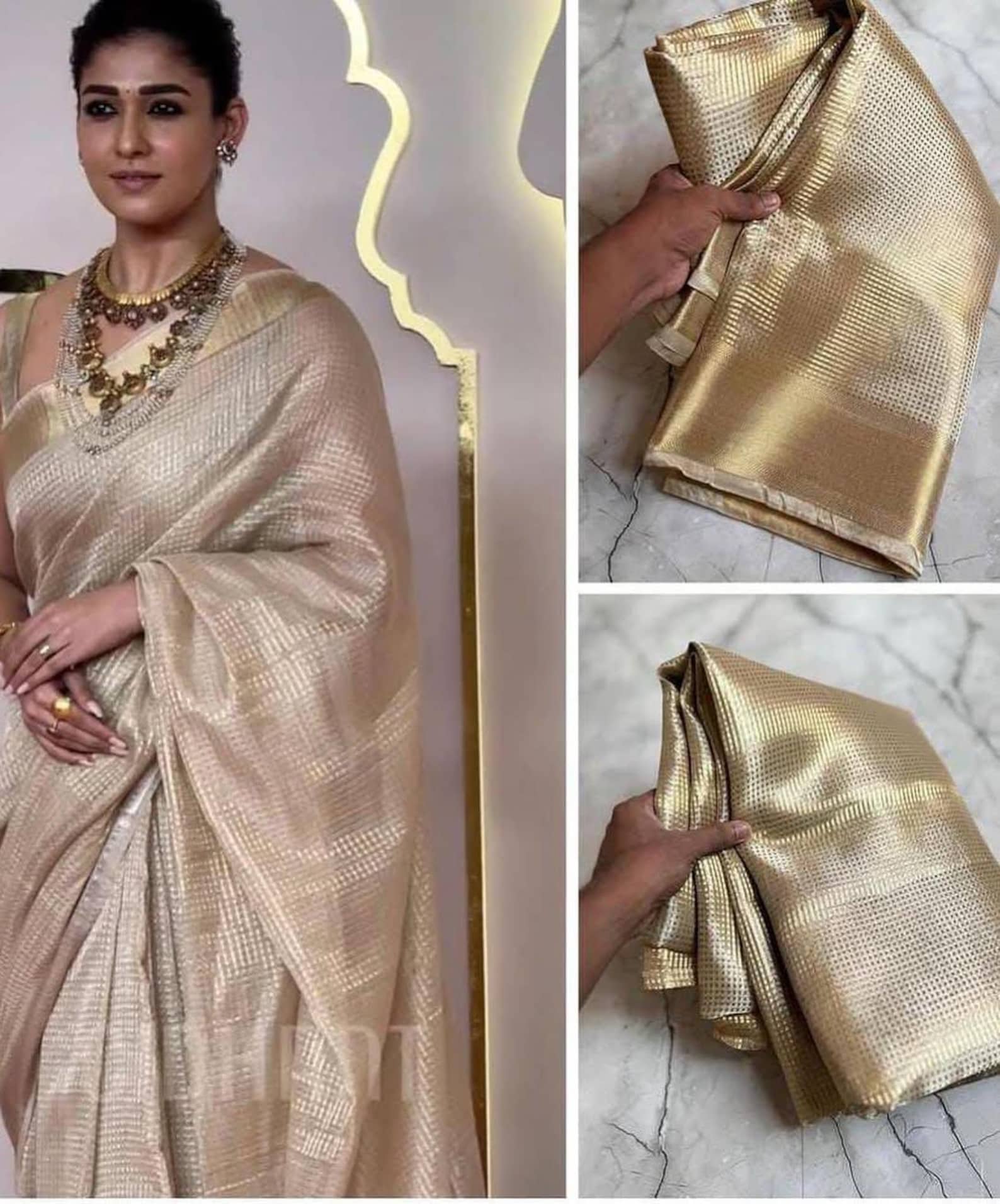 Nayanthara Inspired Banarasi Tissue Silk Saree With Golden Border ...