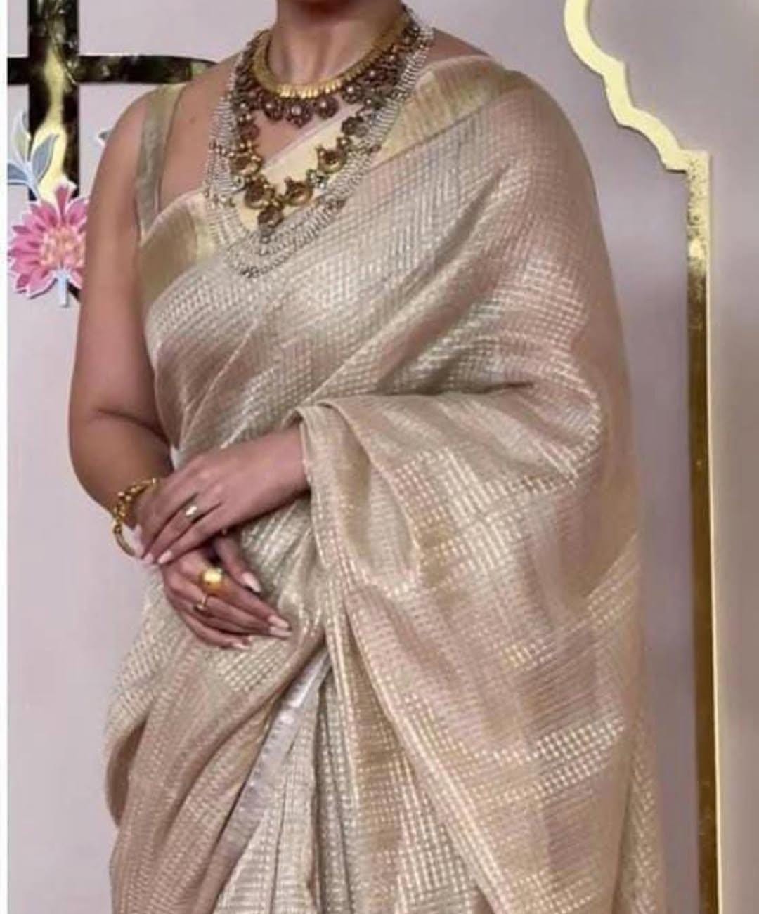 Nayanthara Inspired Banarasi Tissue Silk Saree With Golden Border ...