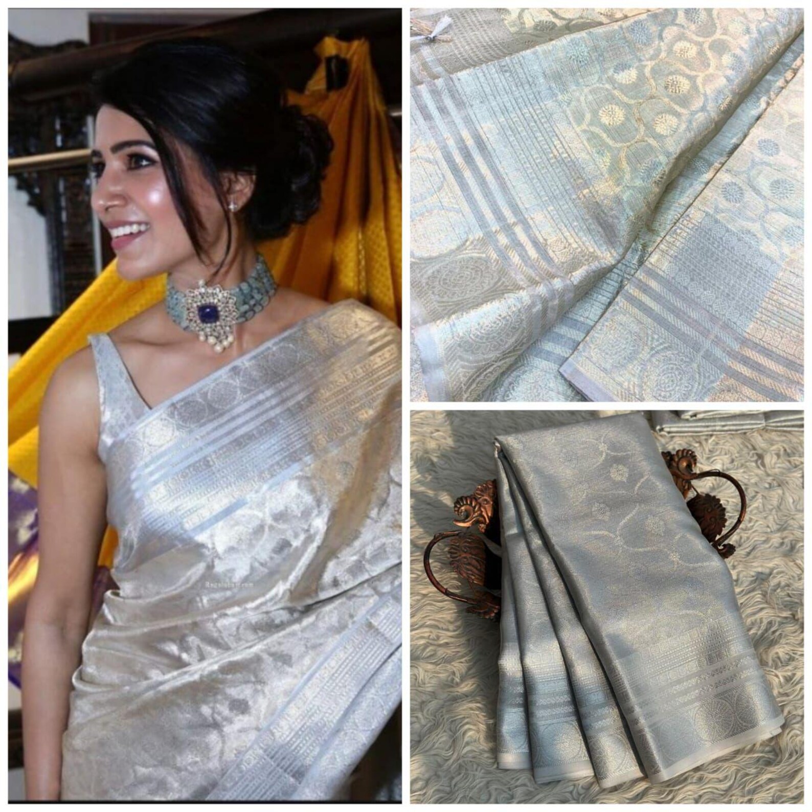 Samantha Inspired Banarasi Jaal Saree | Soft Tissue Silk With Silver ...