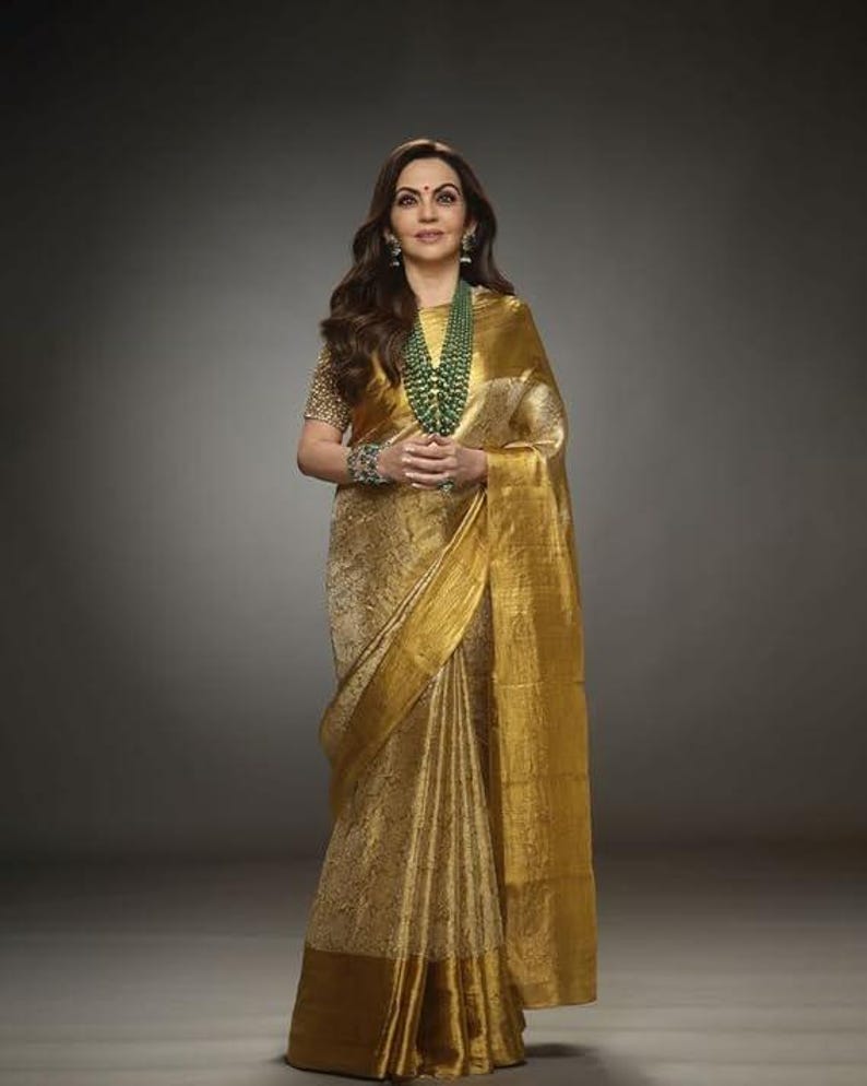 Neeta Ambani Inspired Banarasi Jaal Saree | Gold Soft Silk Saree With ...