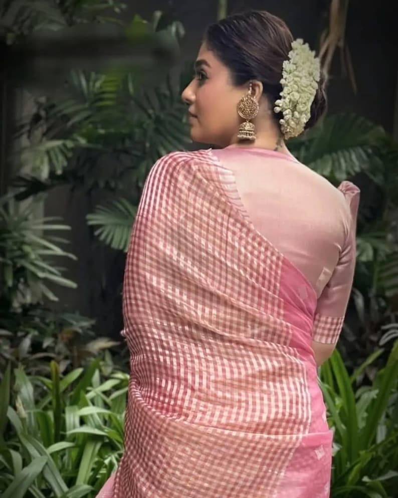Pink Banarasi Cotton Tissue Silk Saree, Check Design, Soft Wedding ...