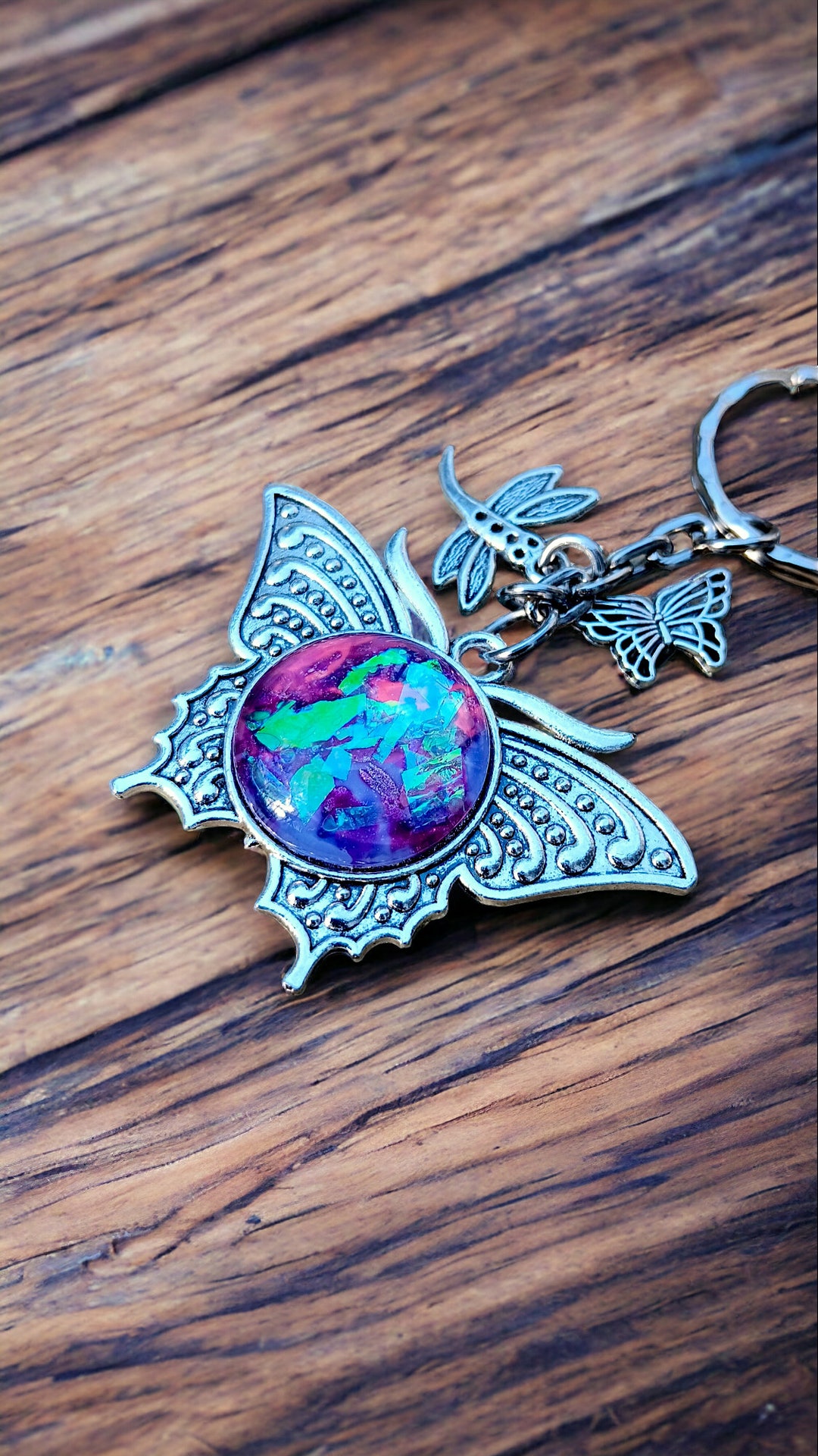 Silver Keychain With Butterfly Pendant Cool Purple and Pink Hippie ...