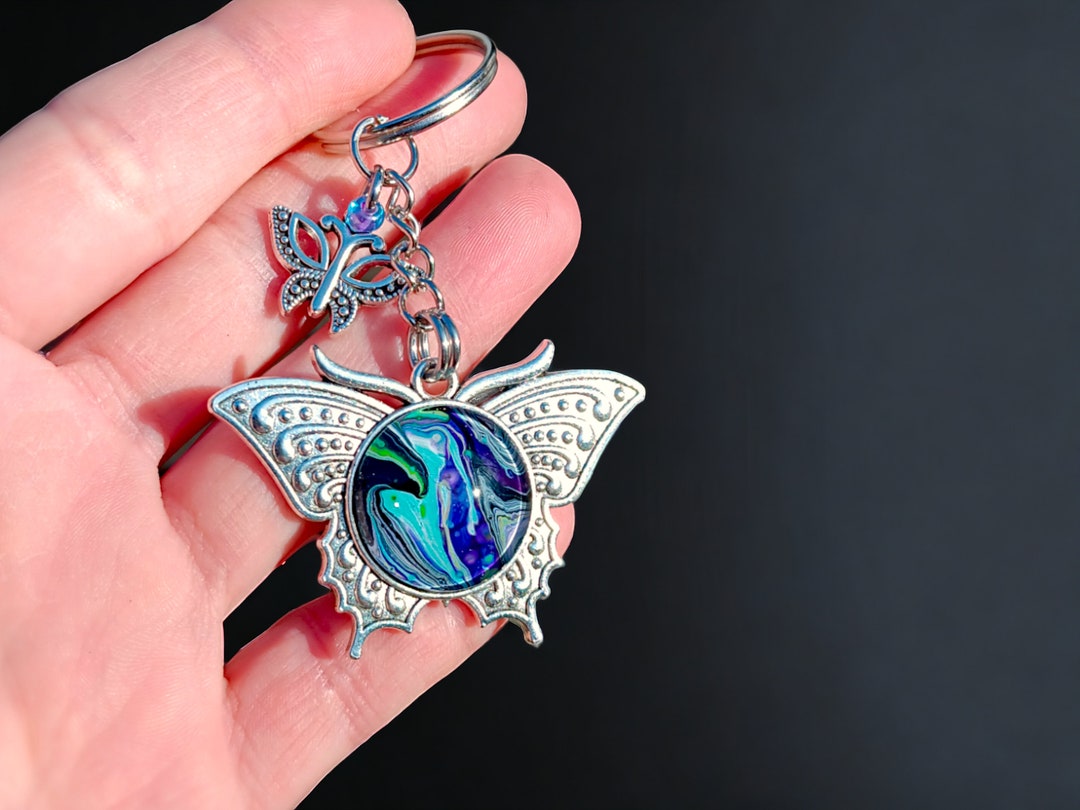 Silver Keychain With Butterfly Pendant Cool Funky Colorful Painted ...