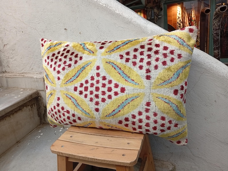 Ikat Velvet Lumbar Pillow Cover Red Yellow Bohemian Cushion - Etsy