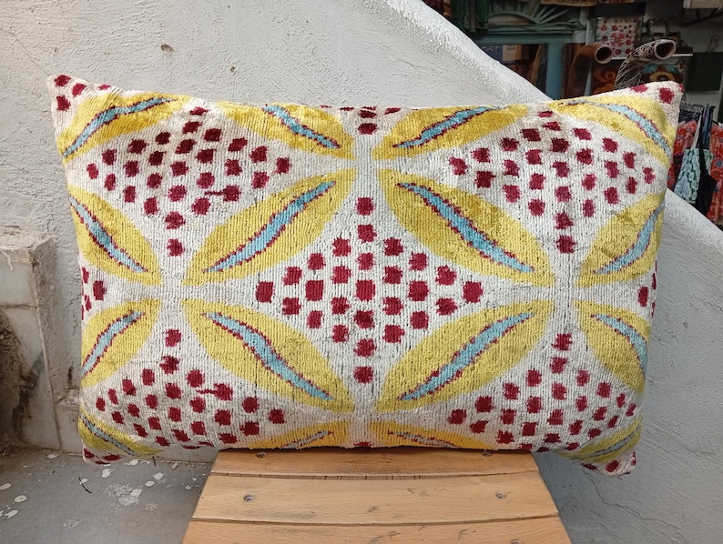 Ikat Velvet Lumbar Pillow Cover Red Yellow Bohemian Cushion - Etsy