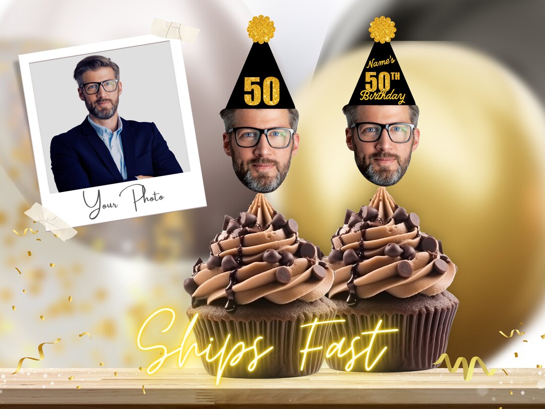 Custom Head 50th Birthday Cupcake Toppers, Birthday Cupcake Topper for ...