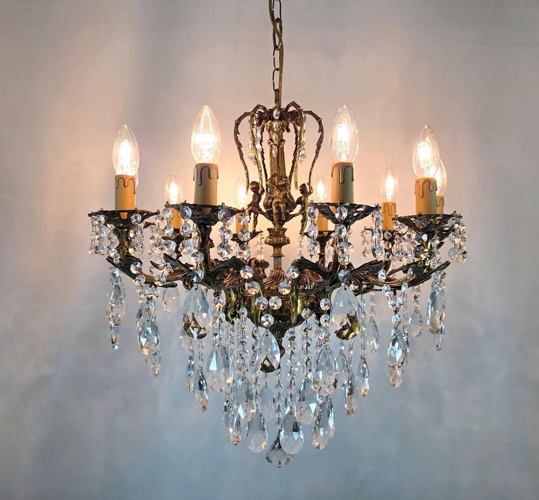 Rare Antique French Crystal Chandelier: Large Vintage Brass Ceiling ...