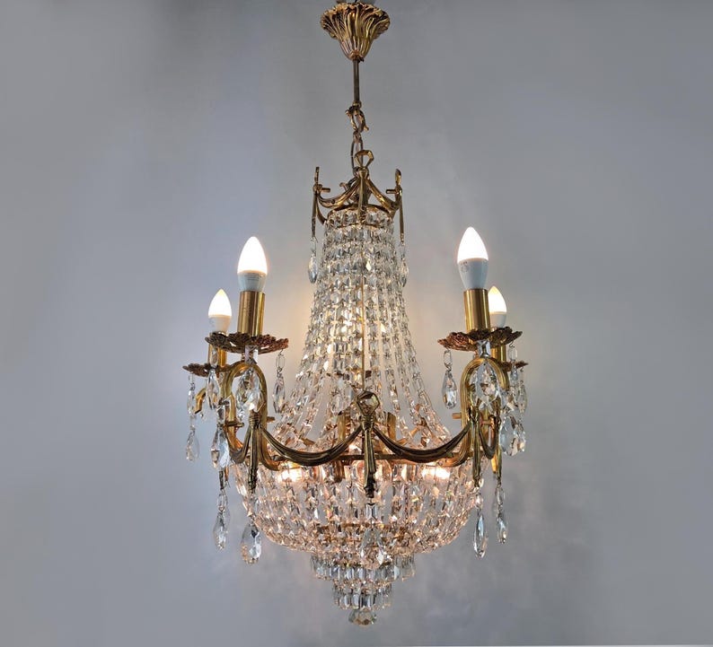 Rare Vintage French Crystal Bohemian Chandelier: Large Antique Brass ...
