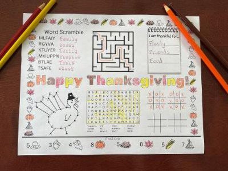 Thanksgiving Placemat Coloring Page, Kids Printable Page, Children's ...