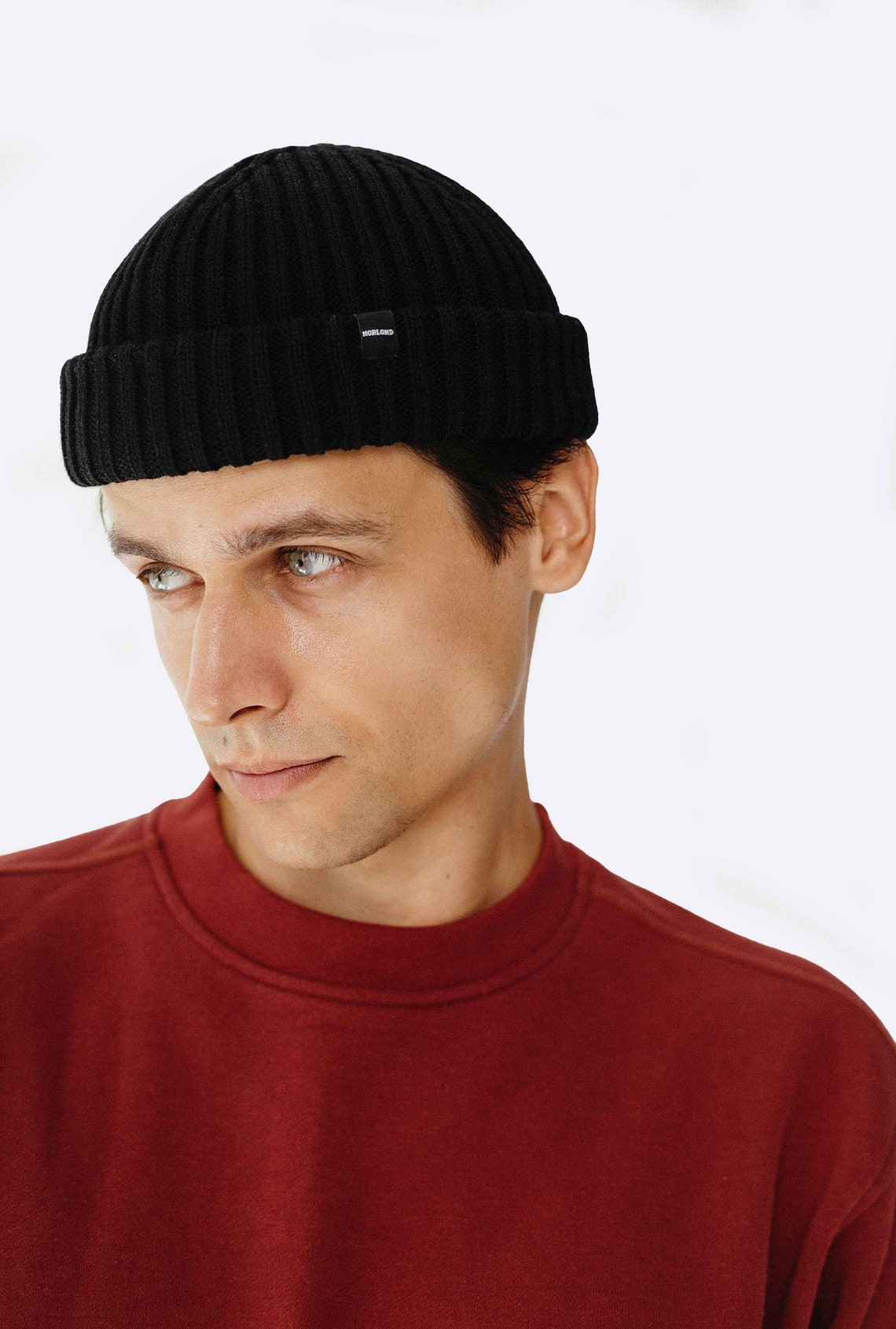 Black Merino Wool Fisherman Beanie. Short Watch Cap. Docker Hat. Short ...